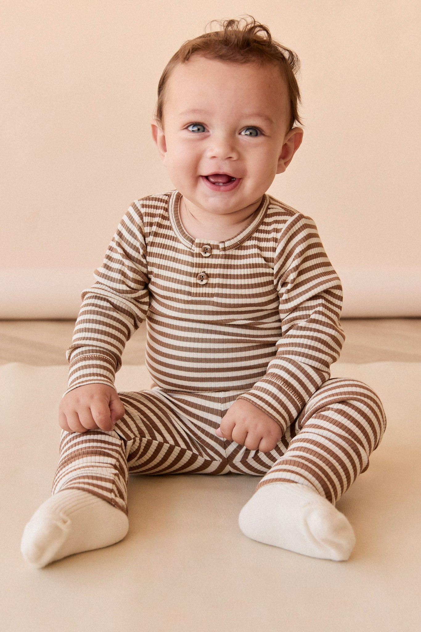 Organic Cotton Modal Long Sleeve Bodysuit - Narrow Stripe Thatch/Buff ...