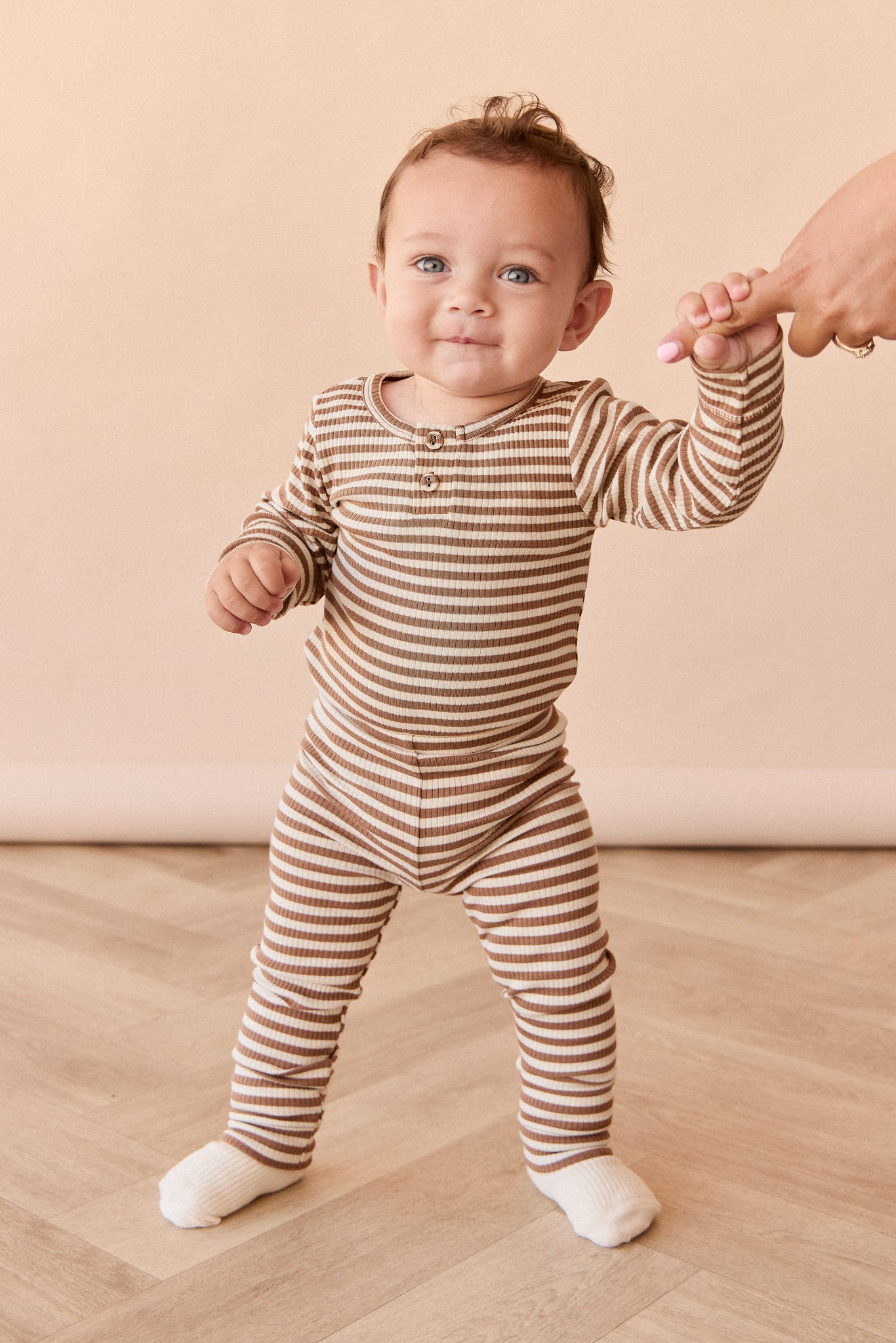 Organic Cotton Modal Legging - Narrow Stripe Thatch/Buff – Jamie Kay NZ